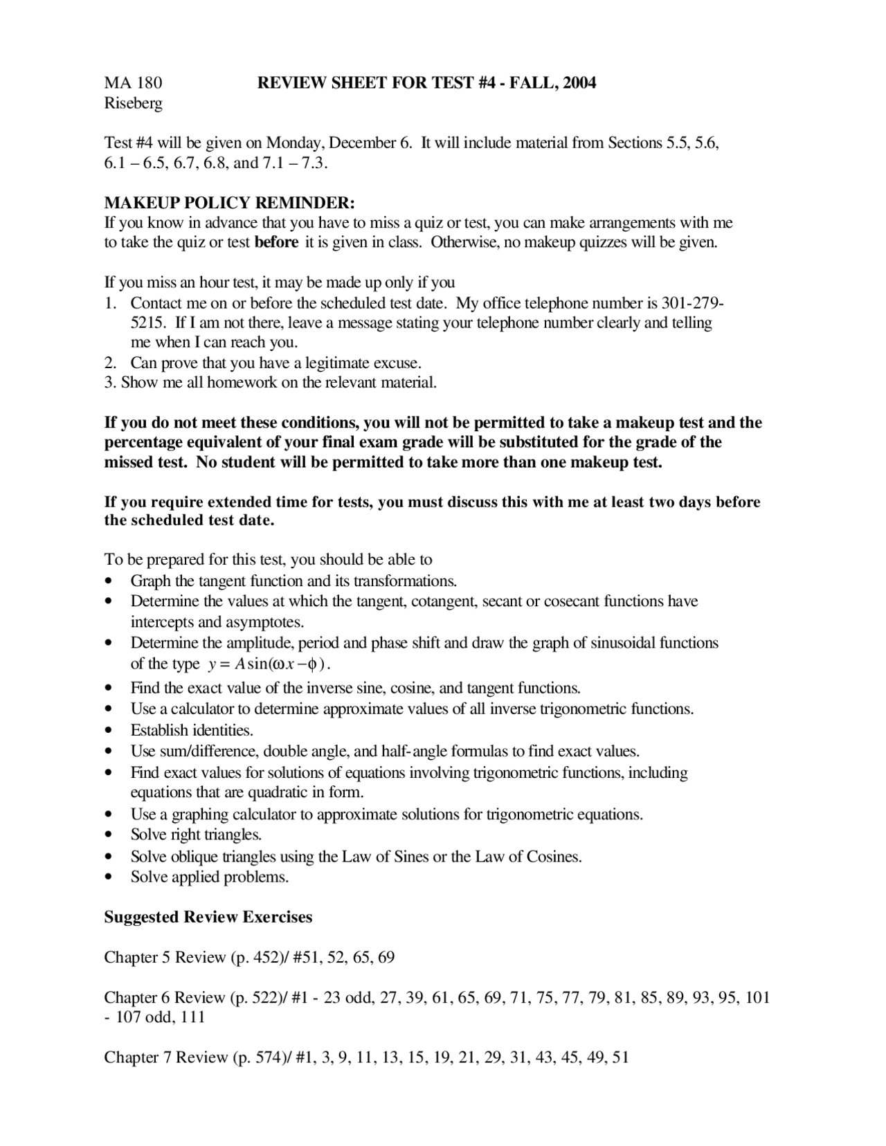 Review Sheet For Test 4 Precalculus Ma 180 Docsity