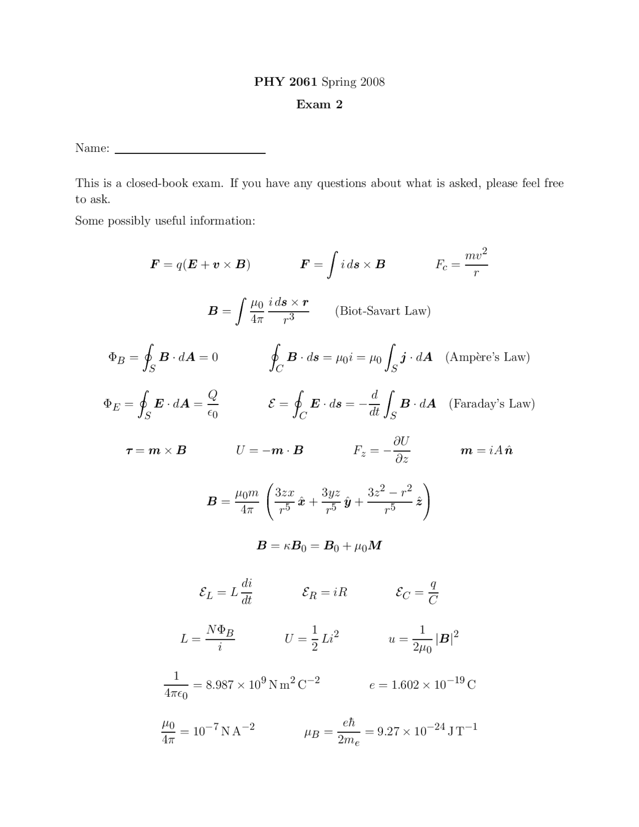 Solved Problems on Ampere and Faraday's Law - Exam 2 | PHY 2061 - Docsity