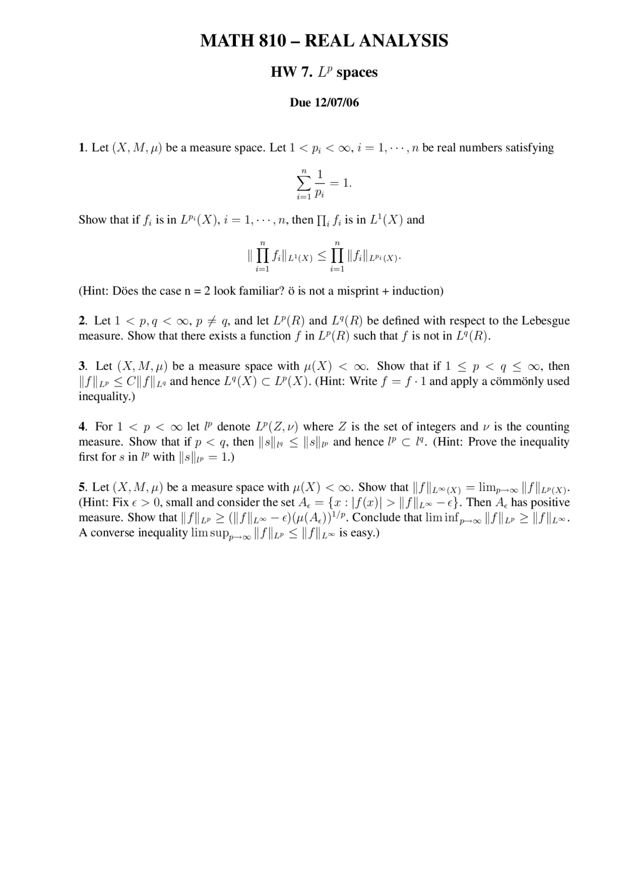 Real Analysis For Theory Of Functions Real Variable Homework Math 810 Docsity