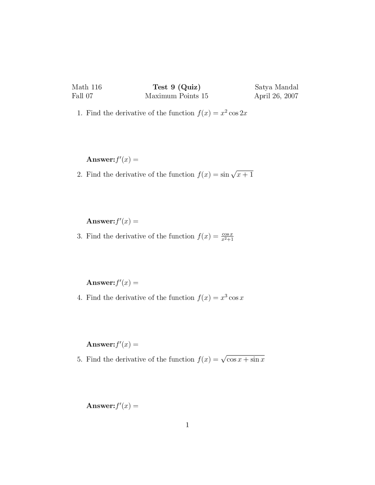 Test 9 Questions - Fall 2007 | Calculus II | MATH 116 - Docsity