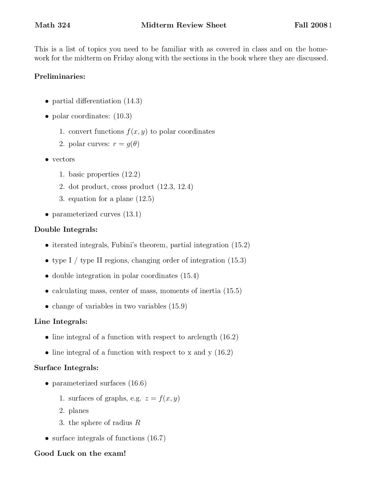 Midterm Review Sheet - Advanced Multivariable Calculus 1 | MATH 324 ...