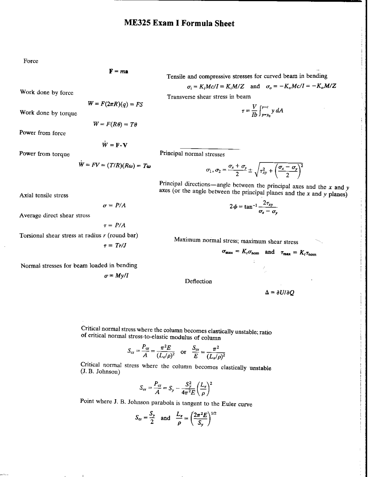 Formula Sheet, Crib Sheet - Machine Design | MECH 325 - Docsity