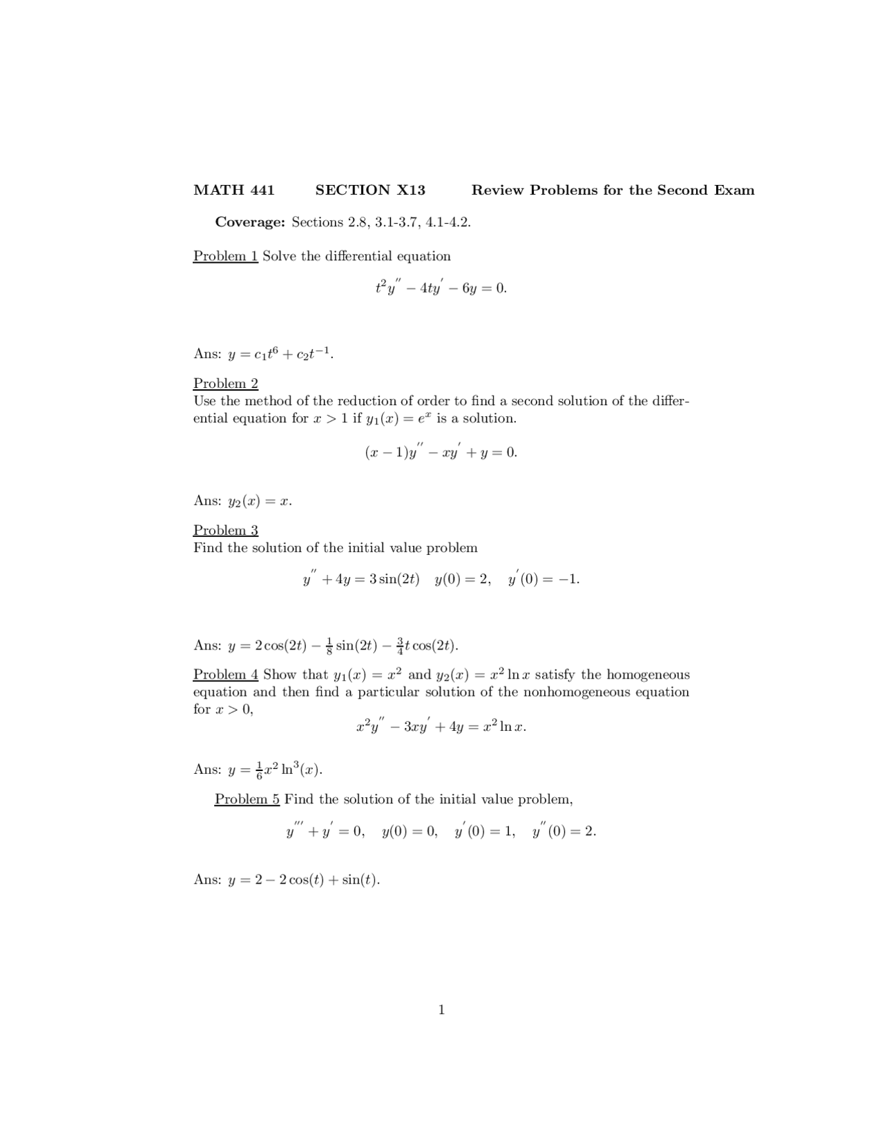 Exam 2 Differential Equations Math 441 Docsity