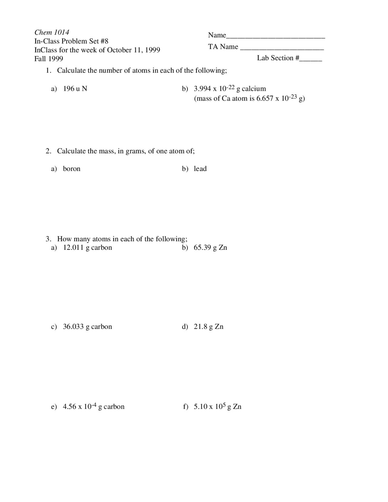 Chem 1014 In-Class Problem Set #8 - Atomic and Molar Calculations and ...