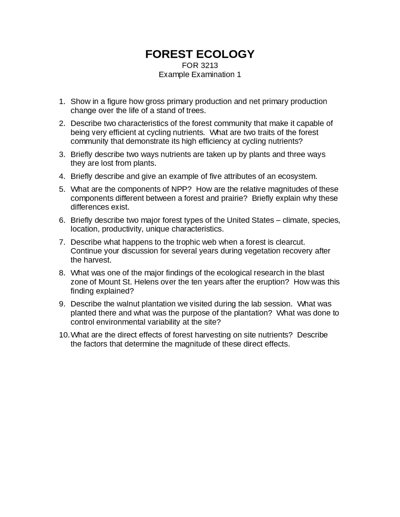 Example Examination 1 Forest Ecology For 3213 Docsity
