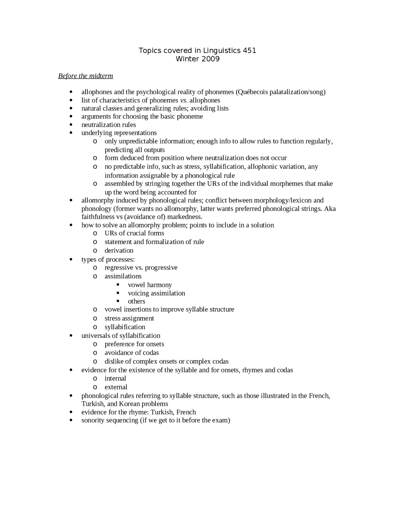 Outline Of Linguistics Phonology I Ling 451 Docsity