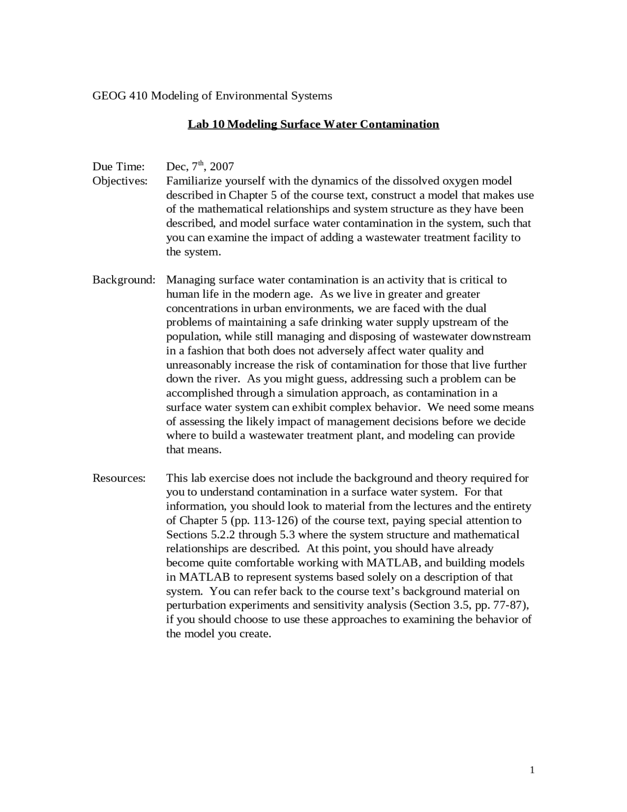 Lab 10 Modeling Surface Water Contamination Geog 410 Docsity