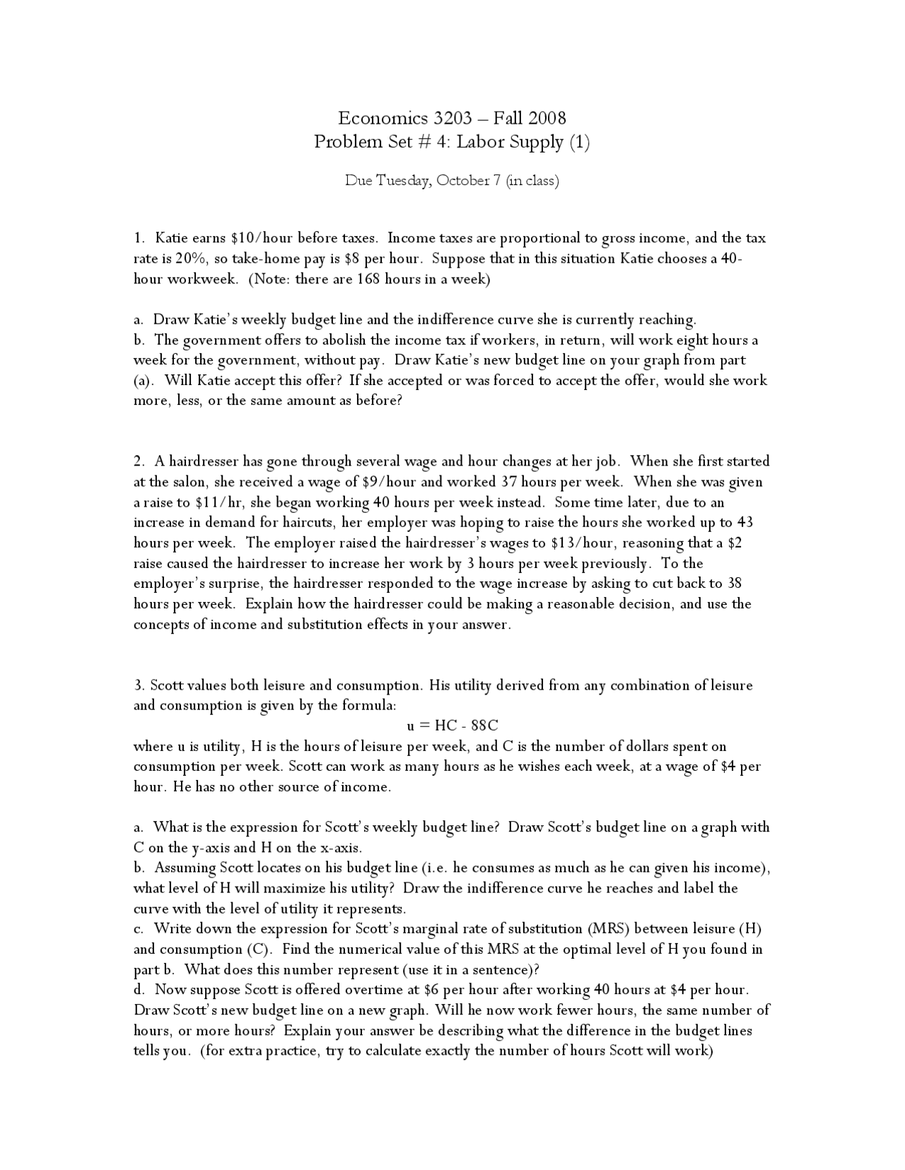 Economics Problem Set: Labor Supply and Budget Lines - Prof. Sarah Ellen Hamersma | Assignments ...