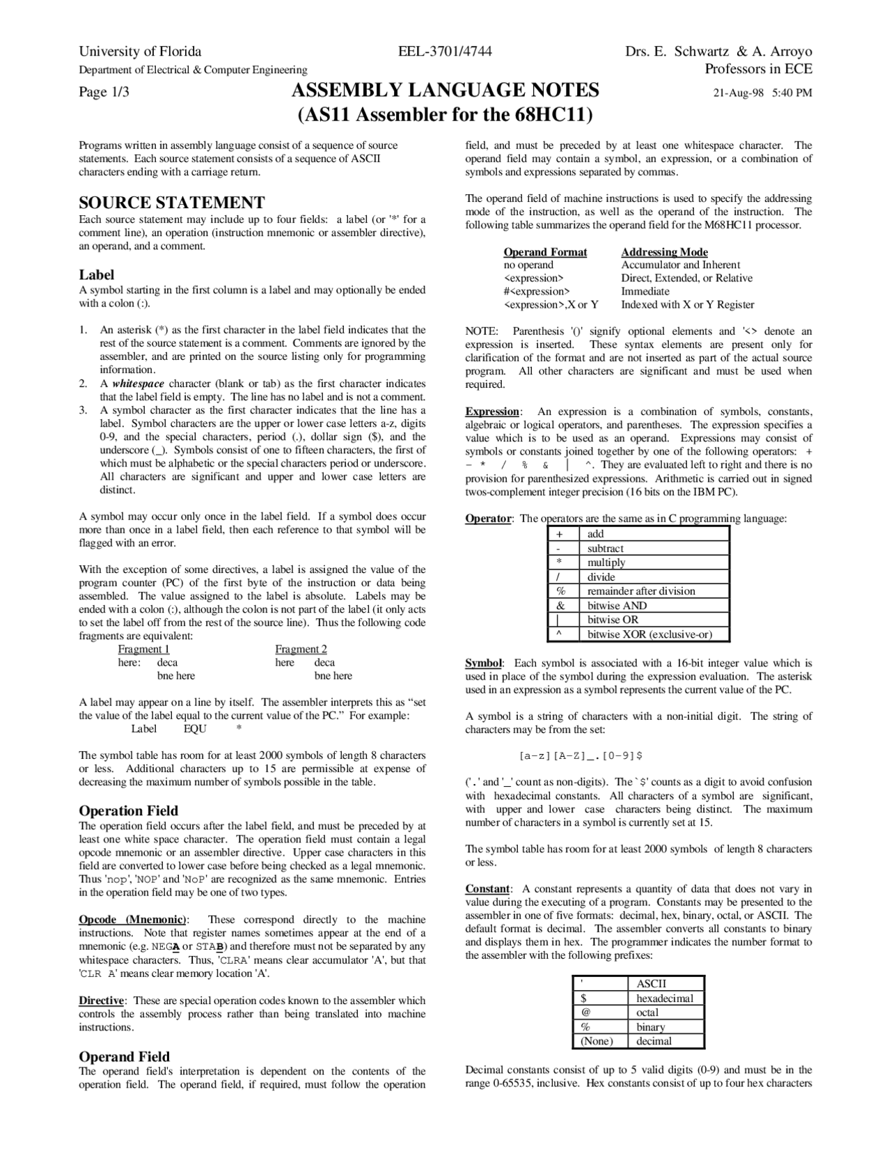 Assembly Language Notes - AS11 Assembler for the 68HC11 | EEL 3701 ...