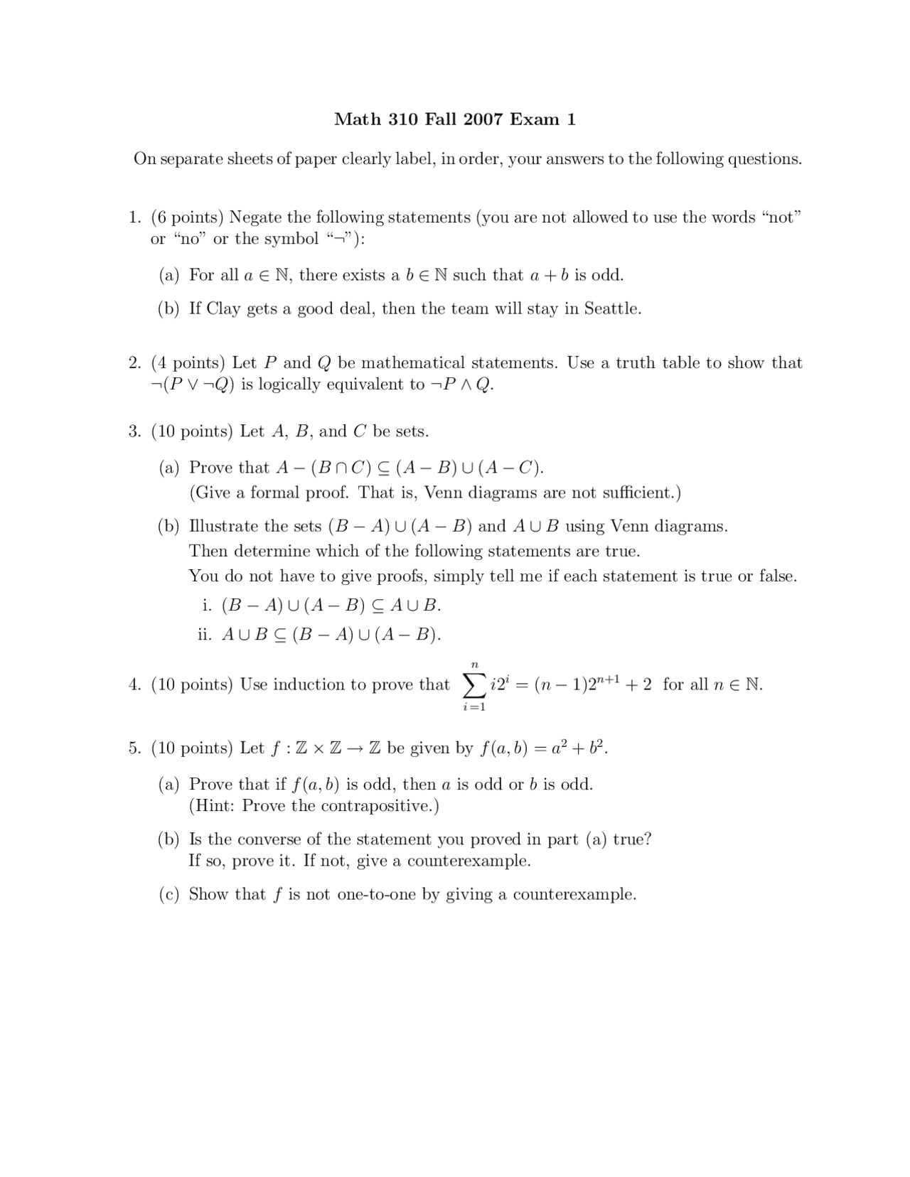 Mathematical Reasoning 5 Problems Exam 1 Math 310 Docsity