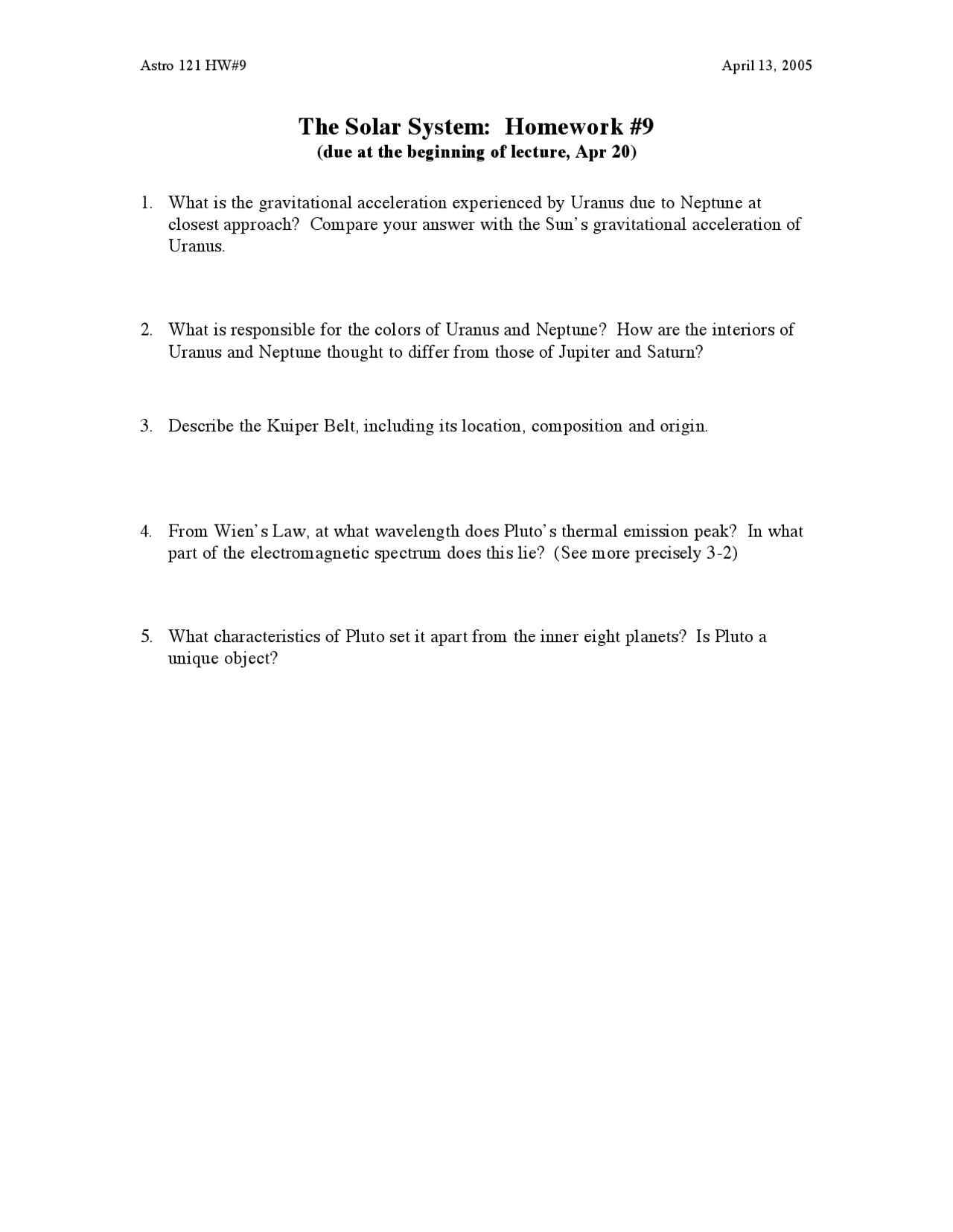 5 Questions For Assignment 9 The Solar System Astr 121 Docsity