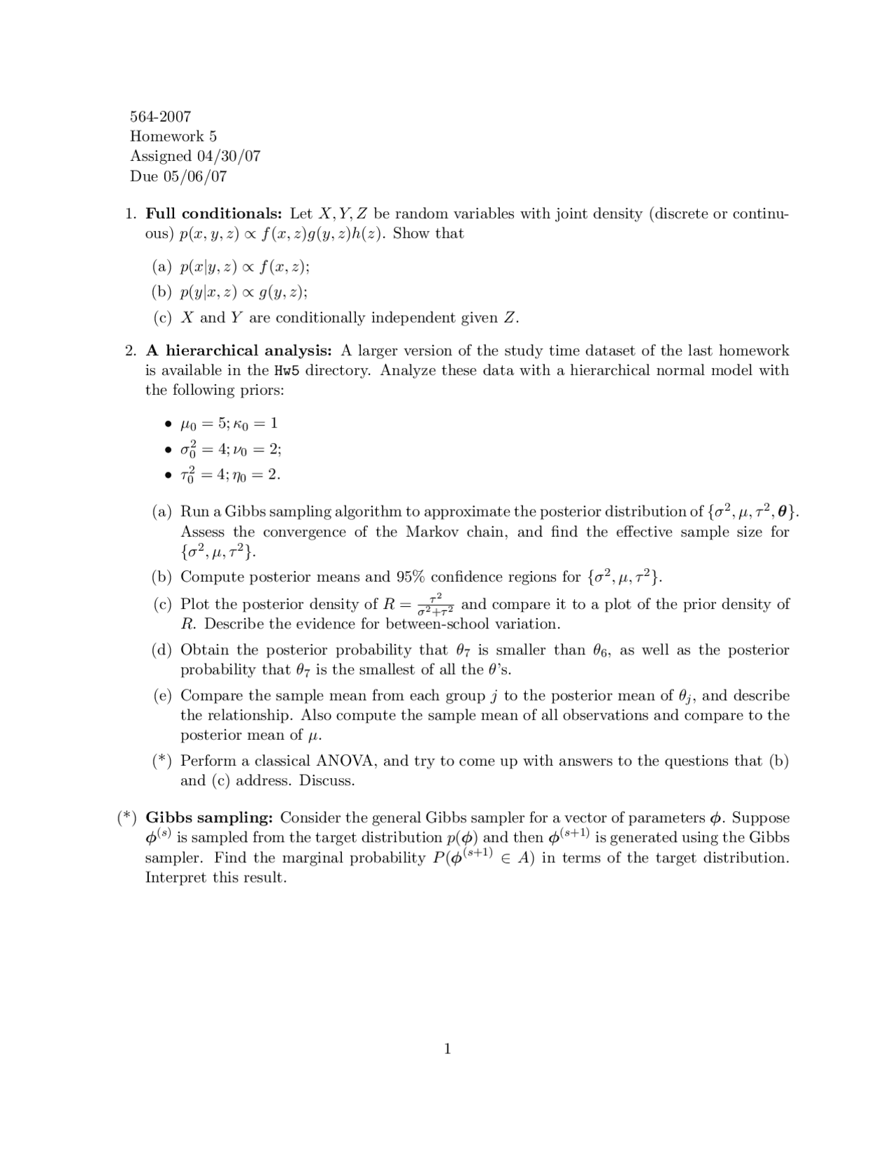 Full Conditionals Gibbs Sampling Bayesian Statistics Homework 5