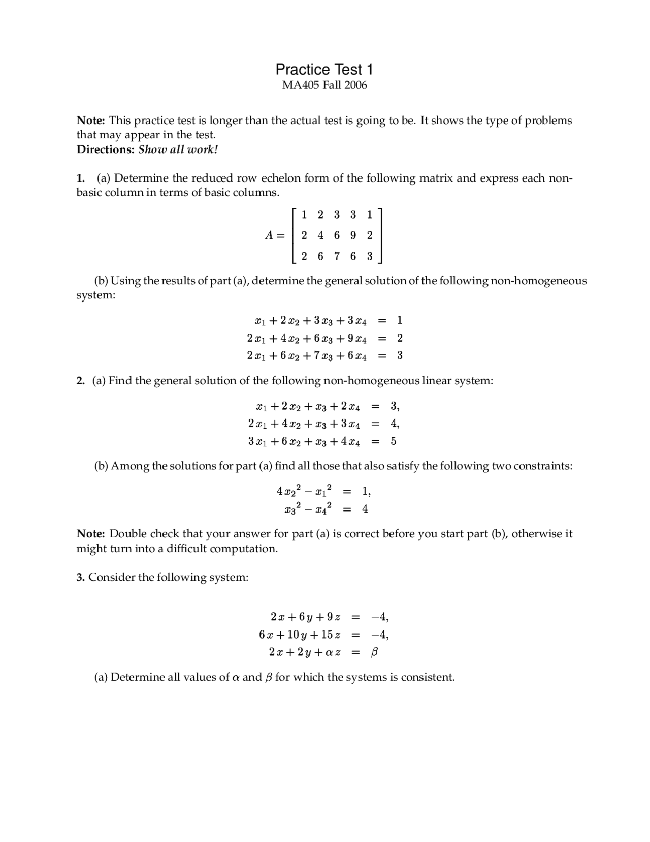 Introduction to Linear Algebra - Practice Test 1 | MA 405 - Docsity