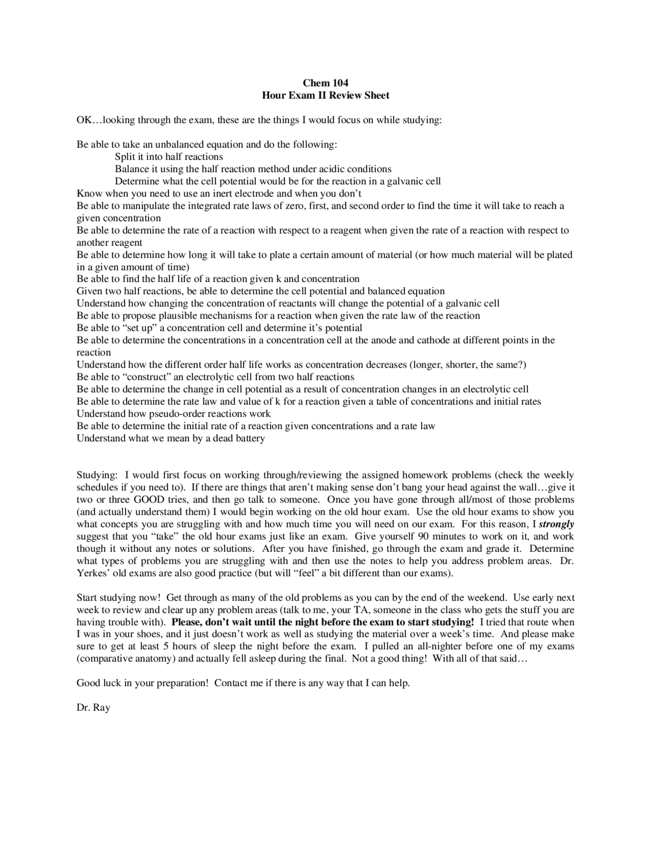 General Chemistry Ii Review Sheet For Exam 2 Chem 104 Docsity
