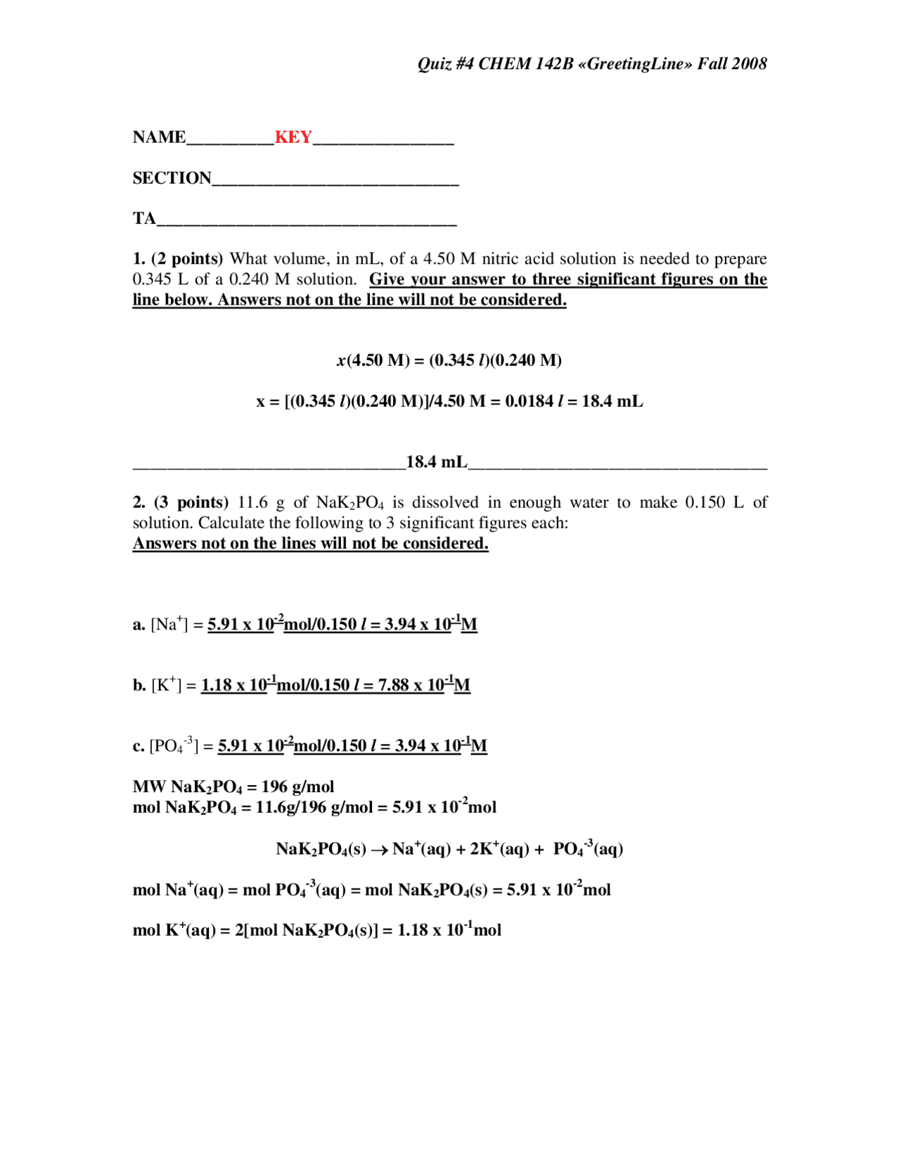 Exam 4 Solutions - General Chemistry | CHEM 142 - Docsity