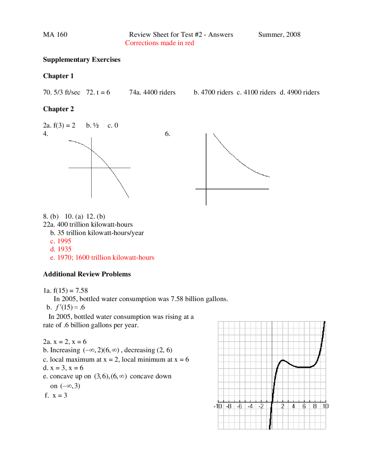 MA 160 - Test #2 Review Sheet Answers for Summer, 2008 - Prof ...