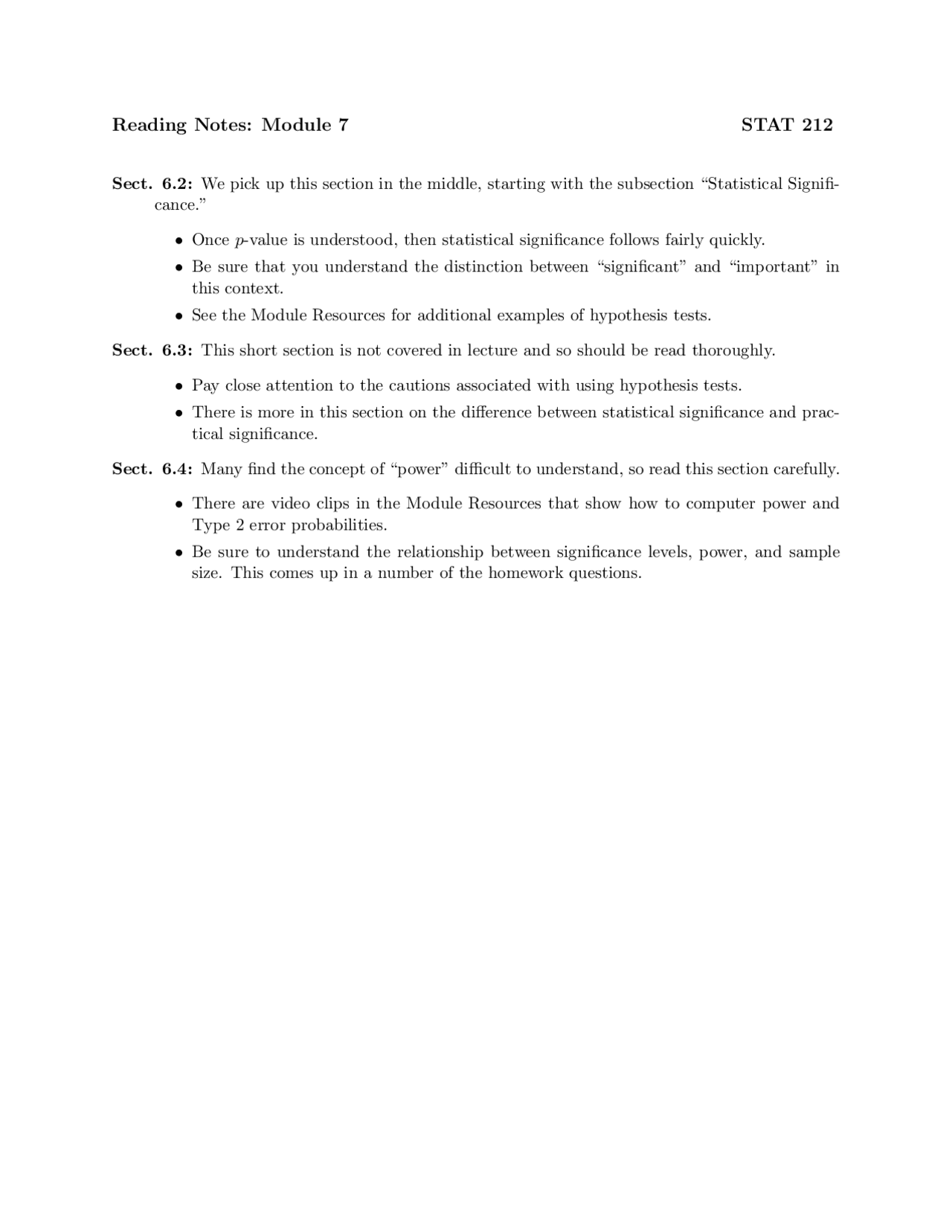 Reading Notes On Module 7 Introduction To Statistical Analysis Stat