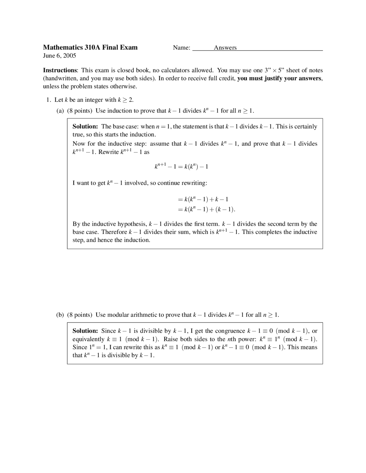 Final Exam Mathematical Reasoning Math 310 Docsity