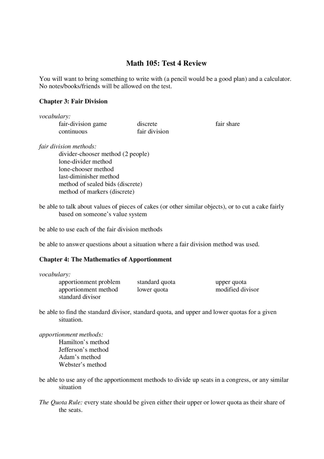Introduction To Topics In Mathematics Test 4 Review Math 105 Docsity