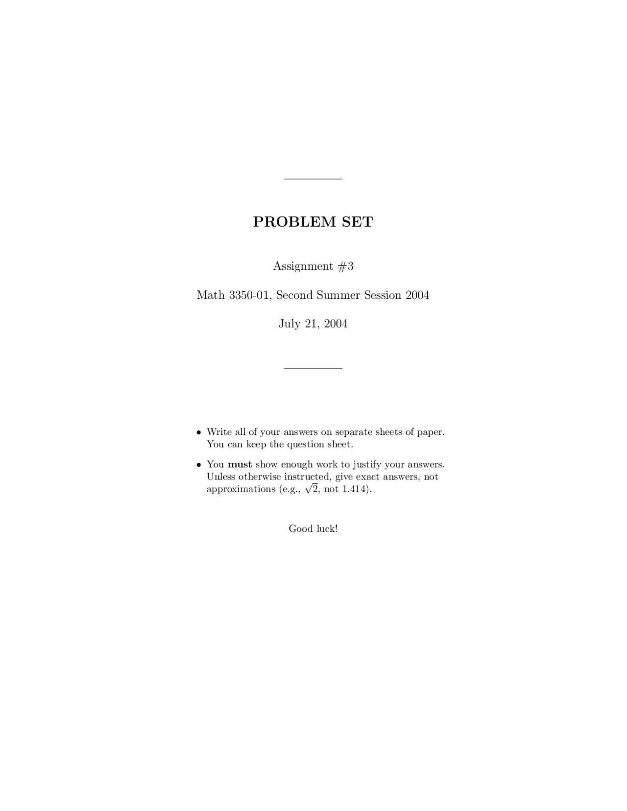 Problem Set 3 Higher Mathematics For Engineers And Scientists I