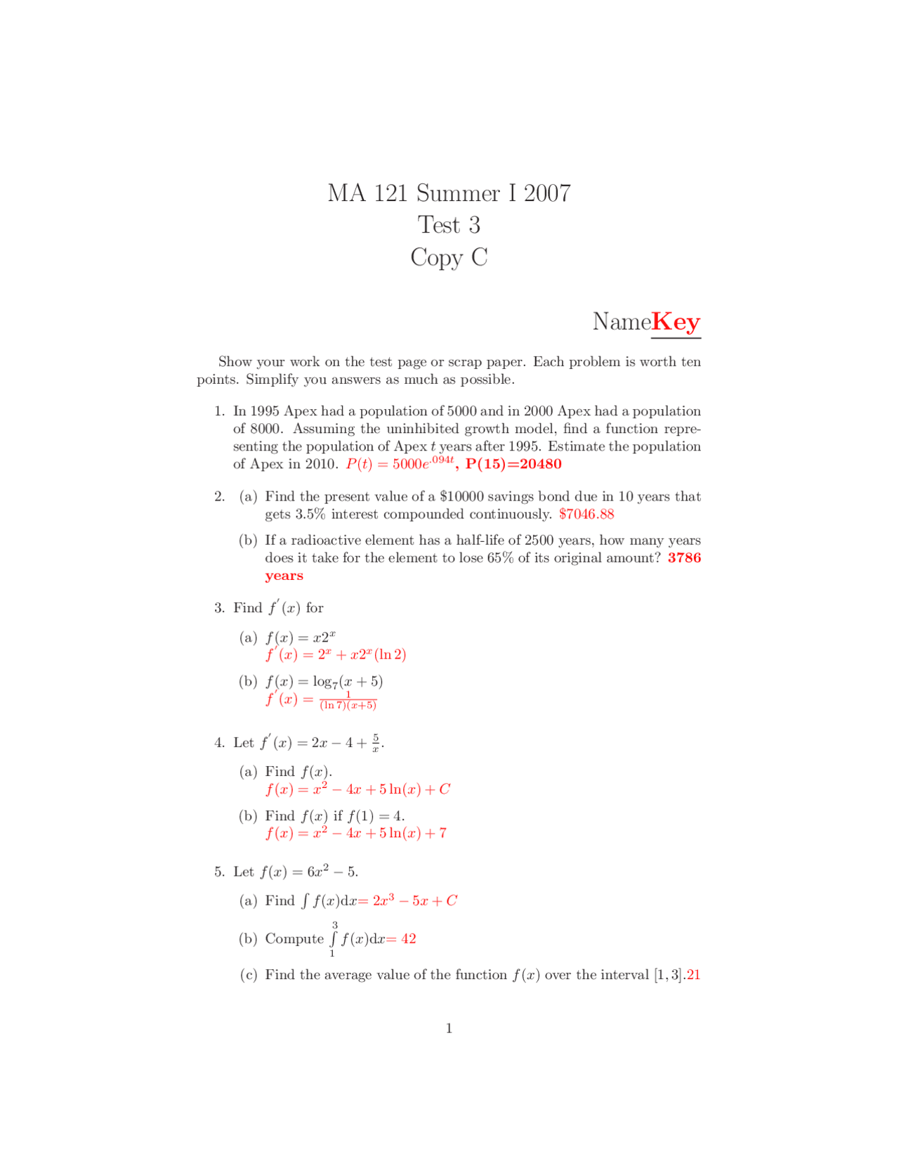 Practice Test 3 With Answer Key Elements Of Calculus Spring 2007