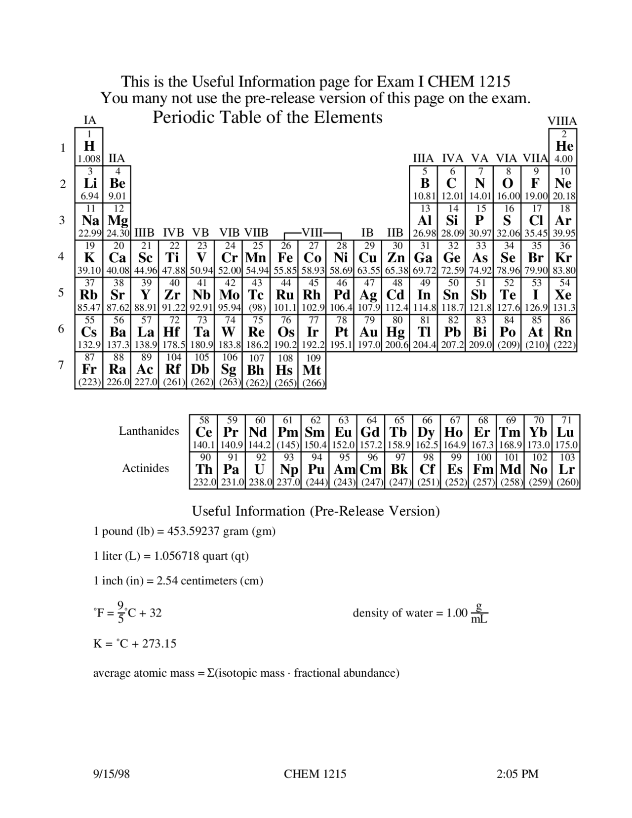 Periodic Tables of the Elements - General Chemistry - Exam 1 | CHEM ...