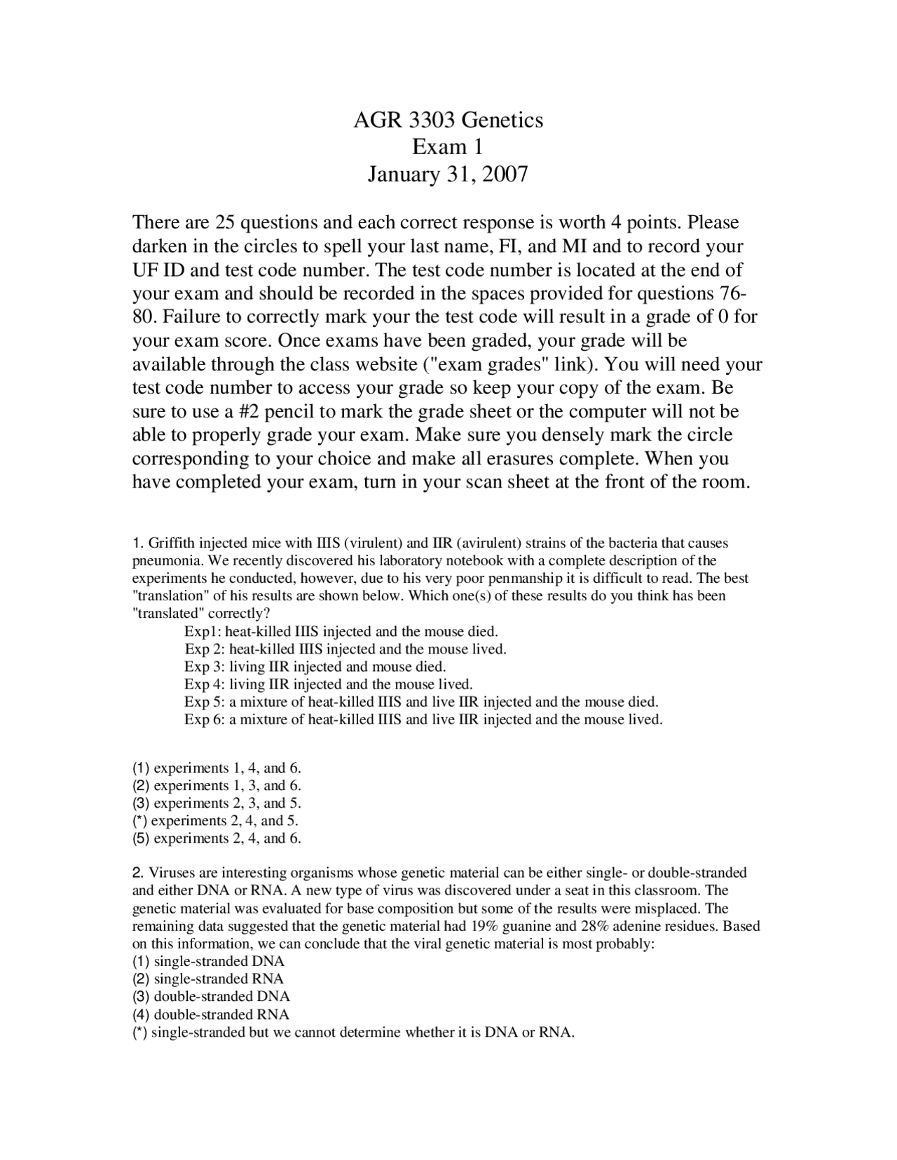 An Introduction To Genetics Exam 1 Agr 3303 Docsity