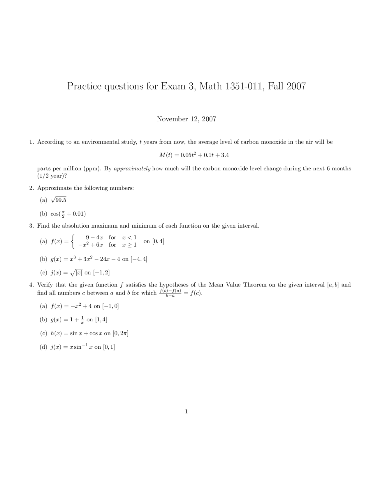 Practice Questions for Exam 3 - Calculus I-Honors | MATH 1351 - Docsity