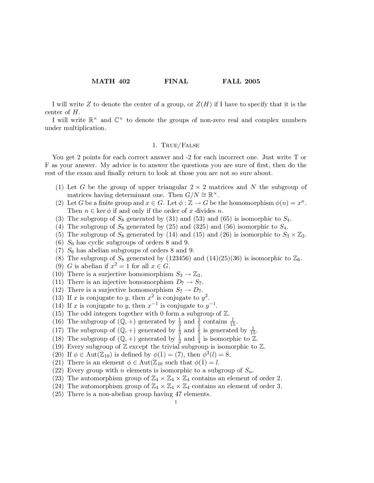 Questions Of Modern Analytics Algebra Final Exam Math 402 Docsity