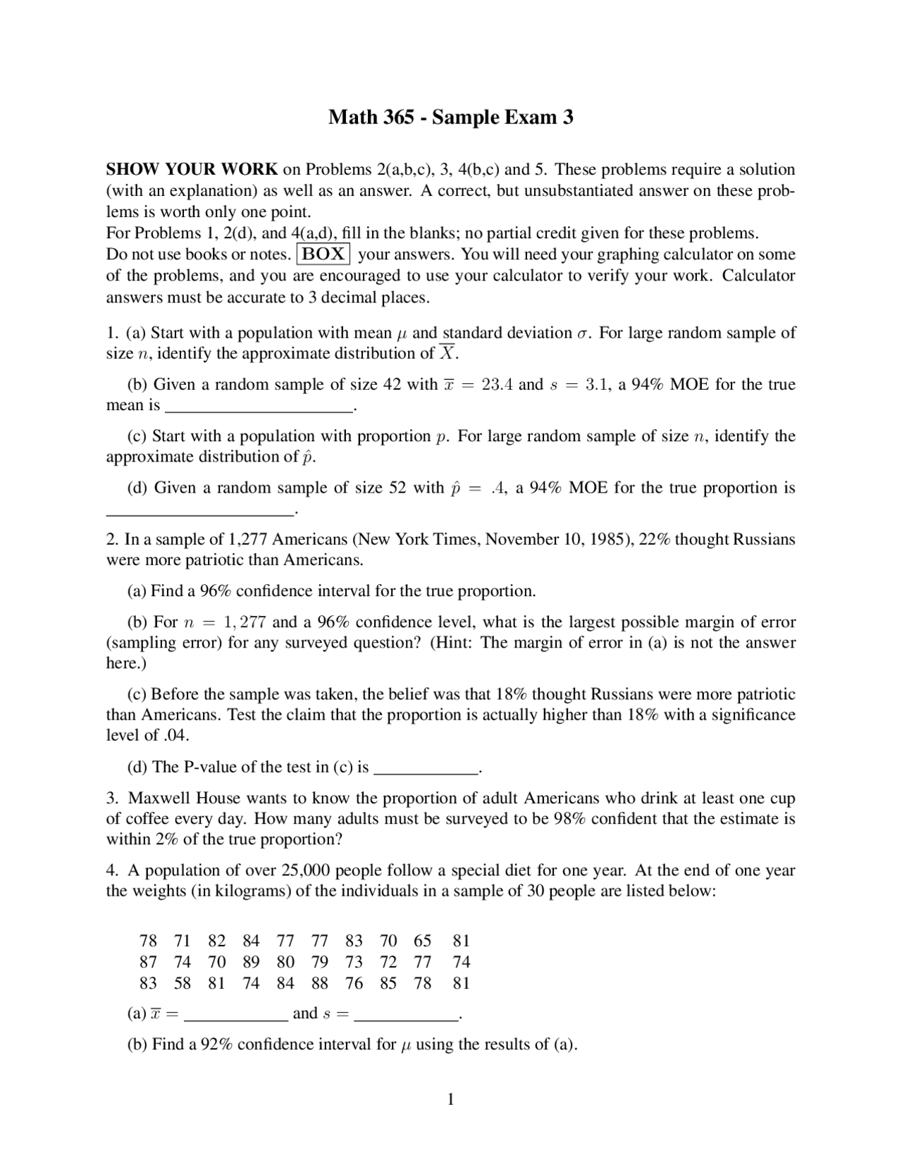 Sample Exam 3 For Elementary Statistics Math 365 Docsity