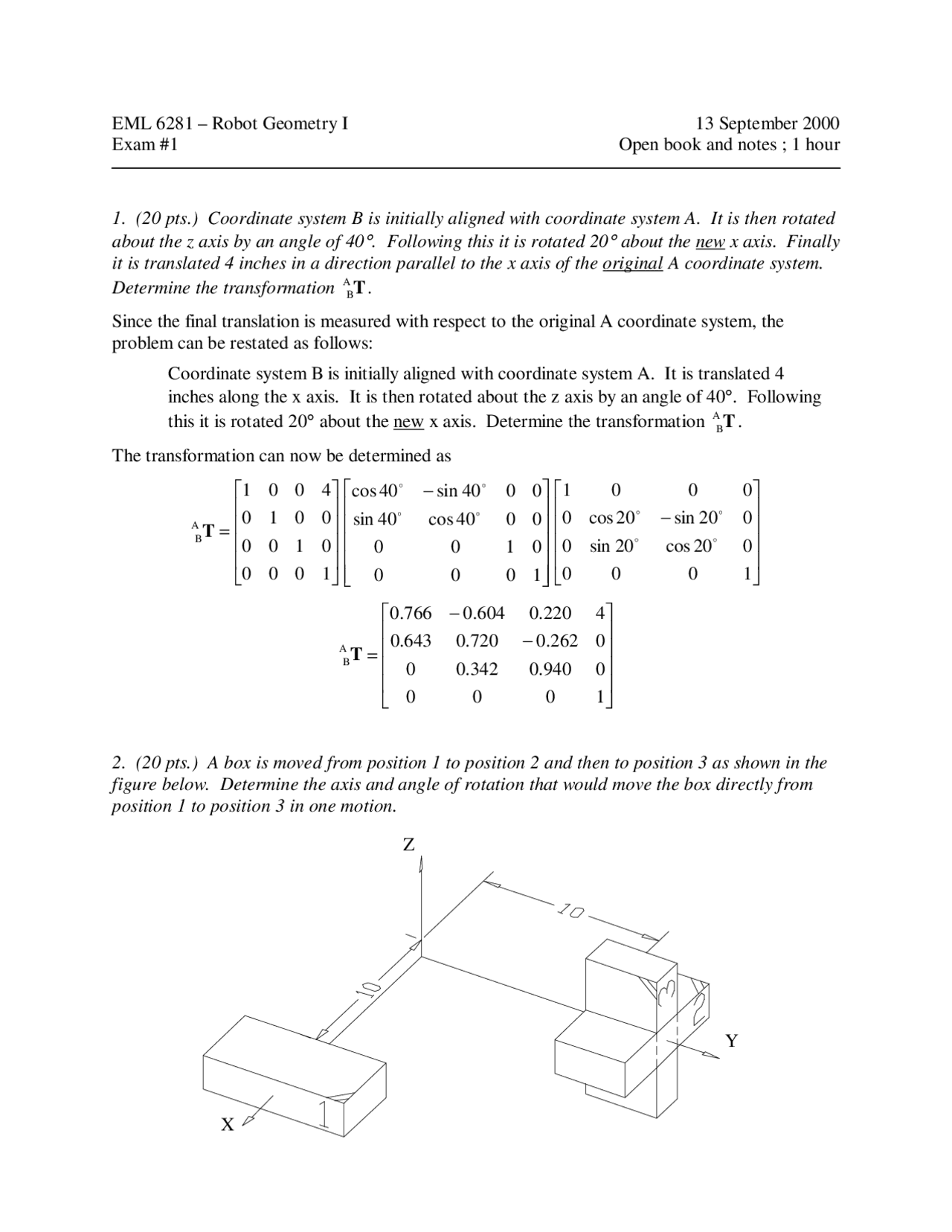Practice Exam 1 Robot Geometry I Fall 2000 Eml 6281 Docsity