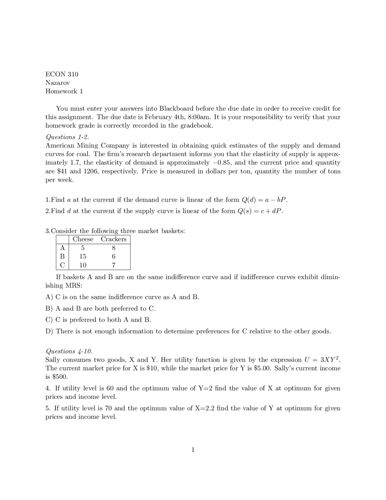 Assignment 1 Microeconomics Theory And Applications Econ 310 Docsity