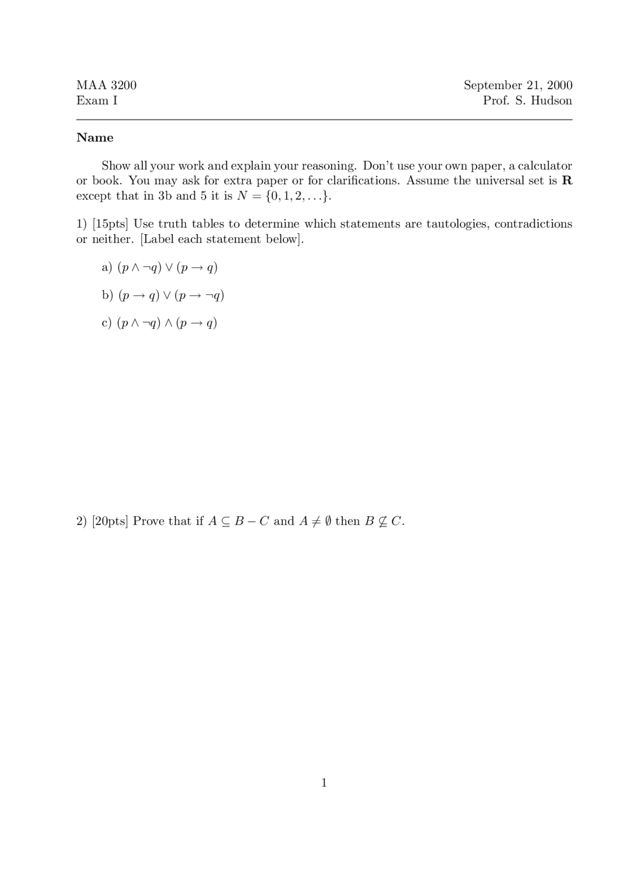 Exam 1 - Introduction to Advanced Mathematics | MAA 3200 - Docsity