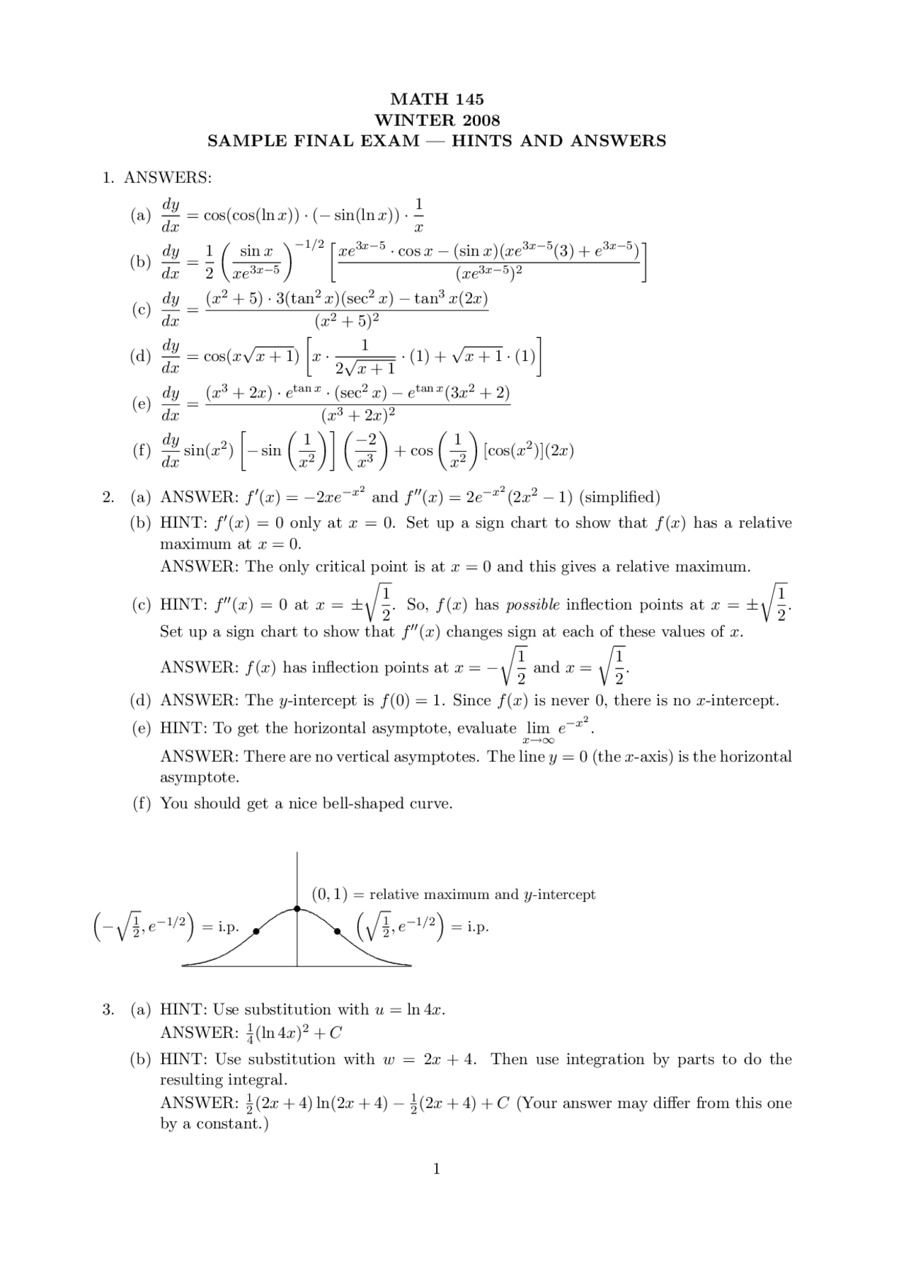 Sample Final Exam With Answers Life Science Calculus Math 145 Docsity