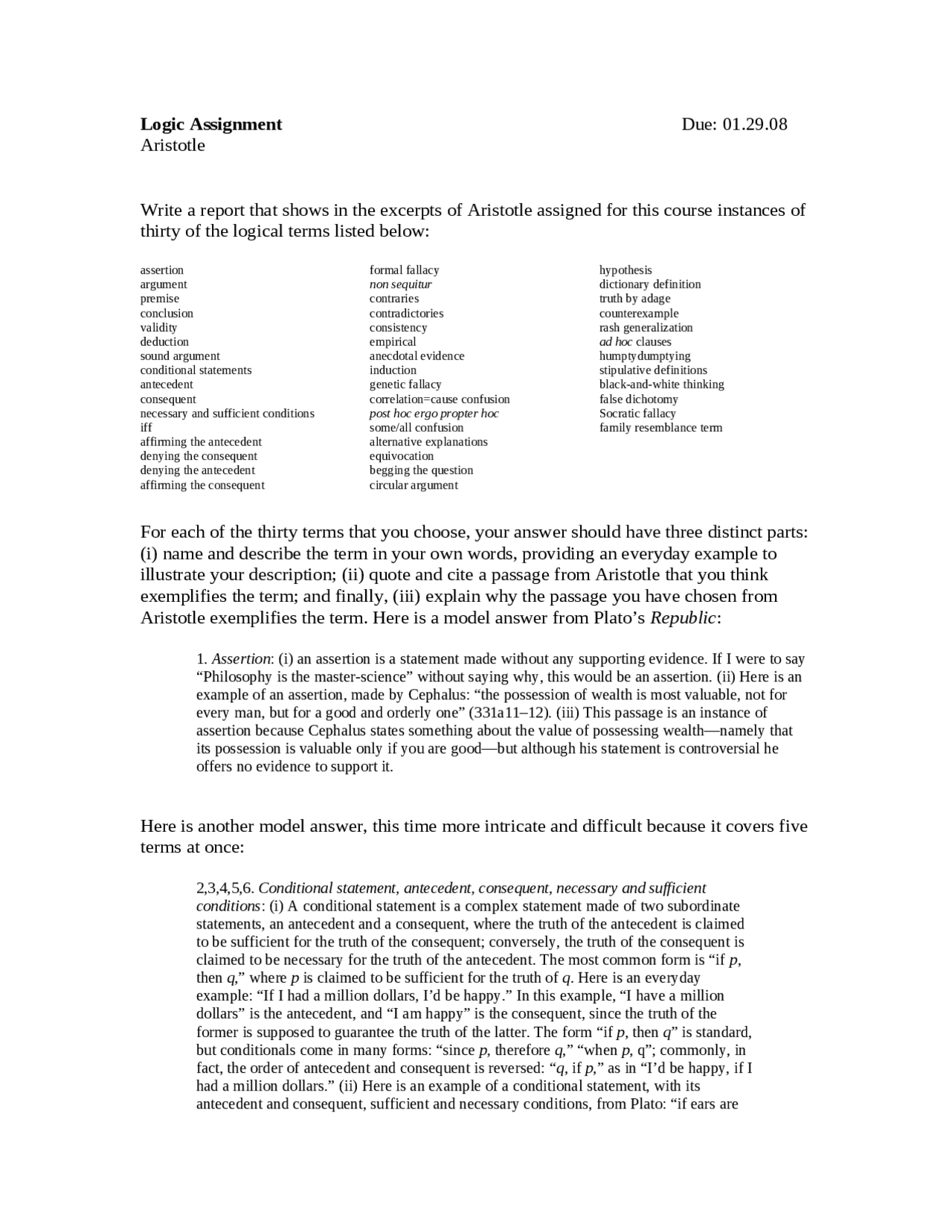 Logic Assignment 2008 Aristotle Phil 423 Docsity