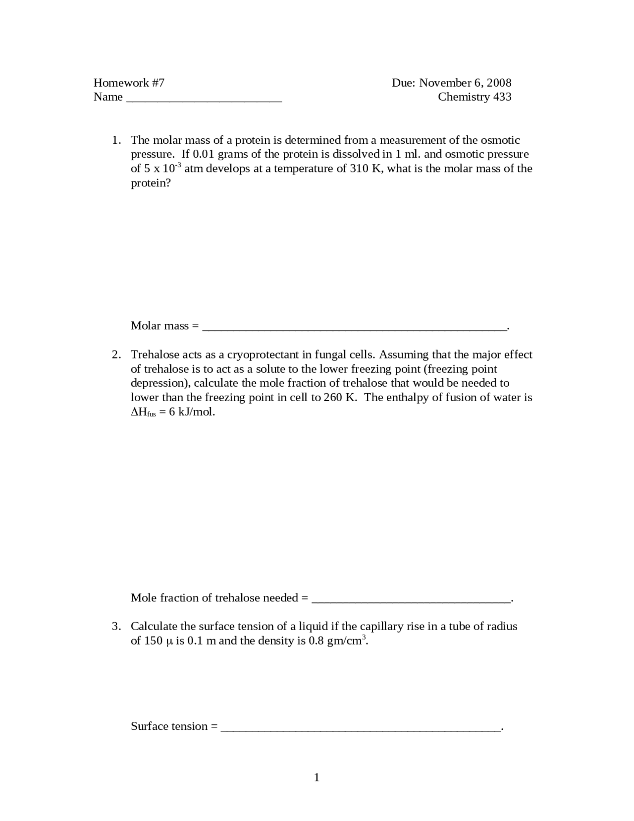 5 Questions In Assignment 7 Physical Chemistry Ii Ch 433 Docsity