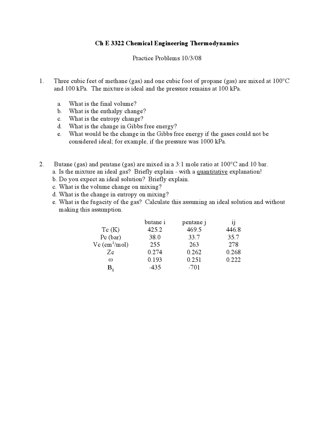 Practice Problems For Chemical Engineering Thermodynamics Ii Ch E