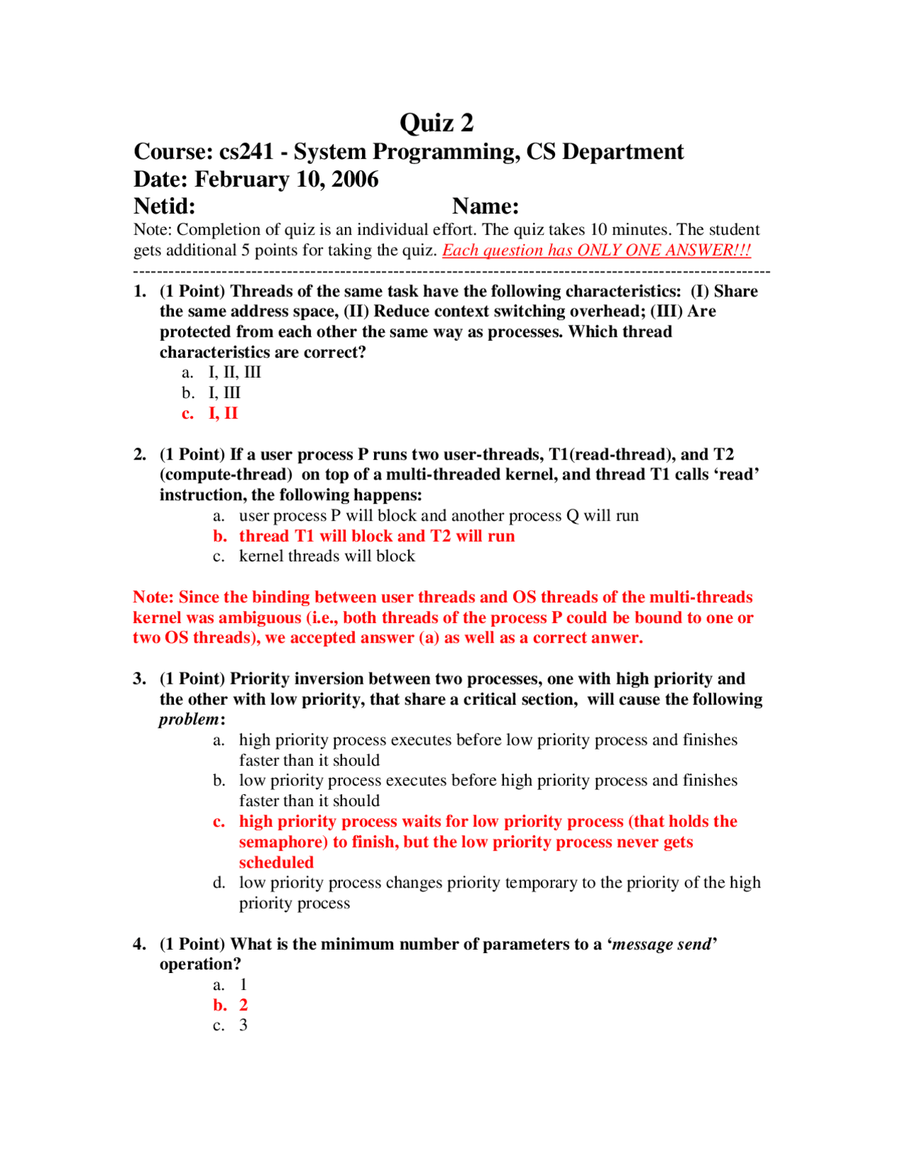 Quiz 2 with Solution on System Programming | CS 241 - Docsity