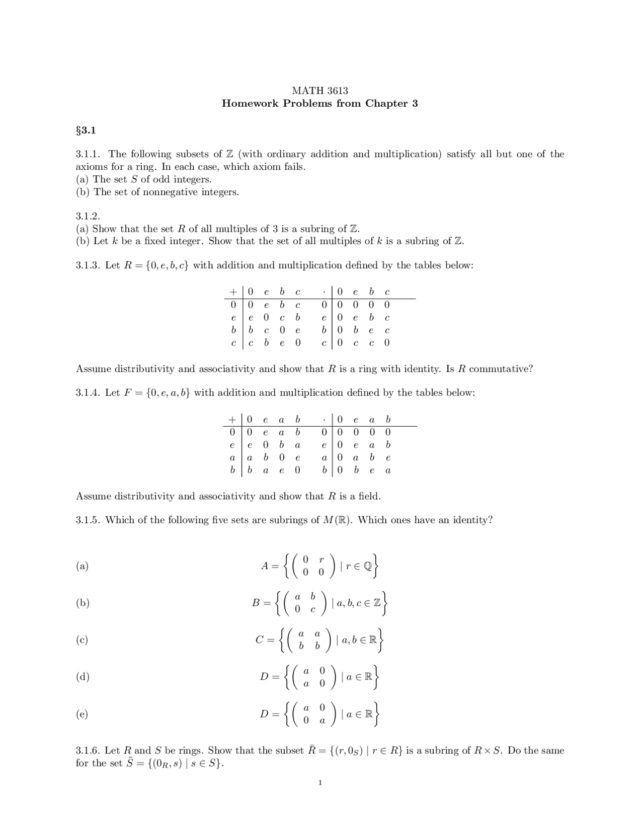 Introduction Modern Algebra Homework Problem Set 3 Math 3613 Docsity