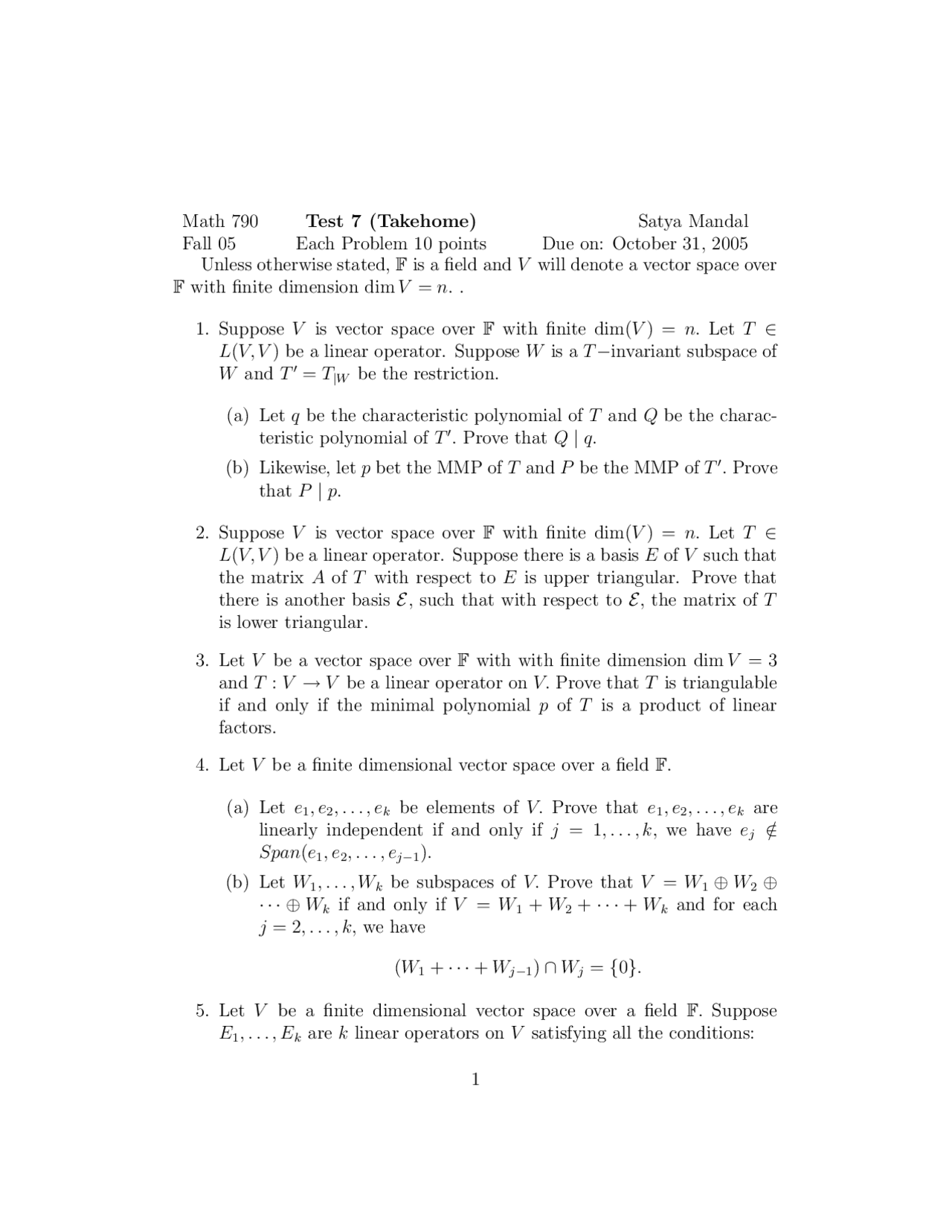 Linear Algebra Ii Exam Questions 2005 Math 790 Docsity