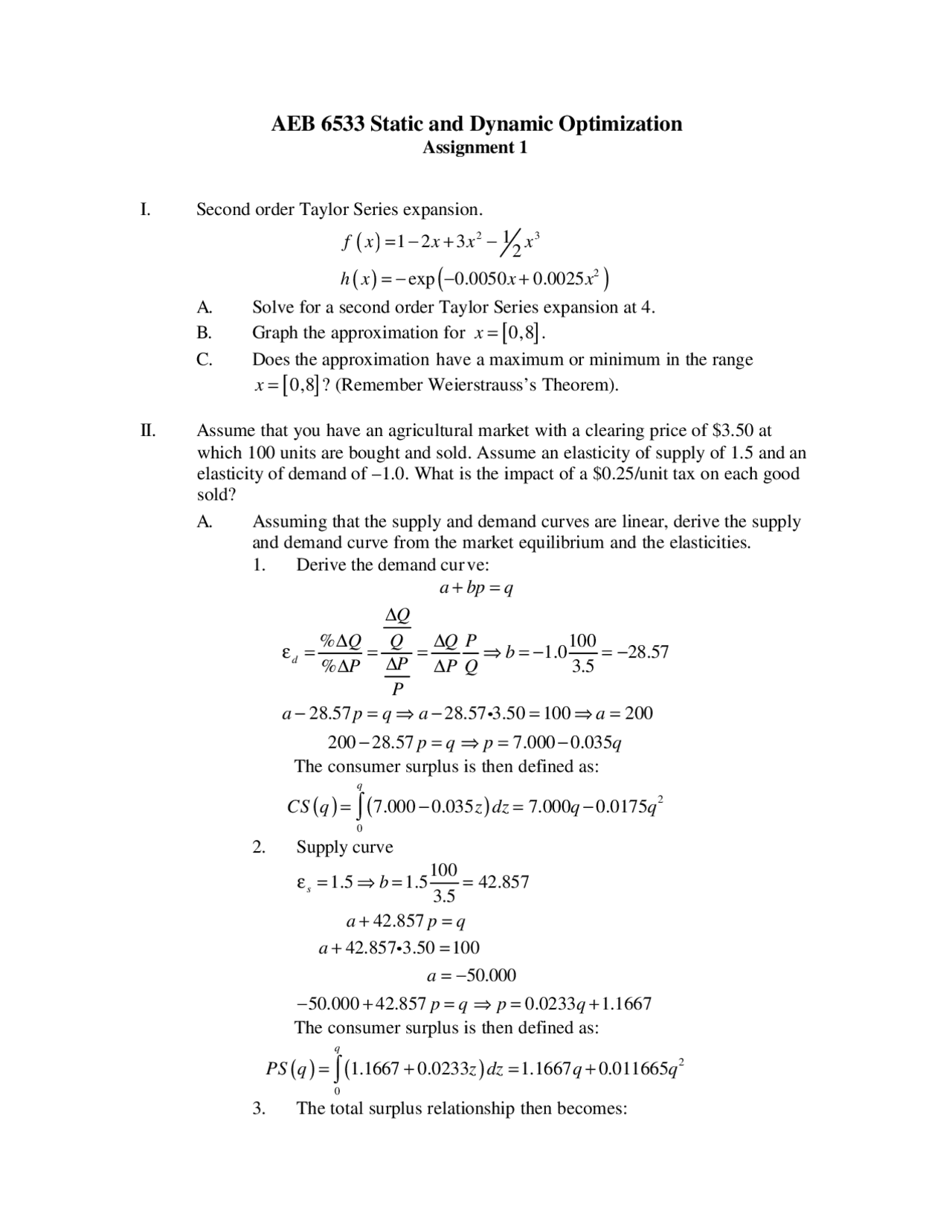 Static and Dynamic Optimization - Assignment 1 | AEB 6533 - Docsity