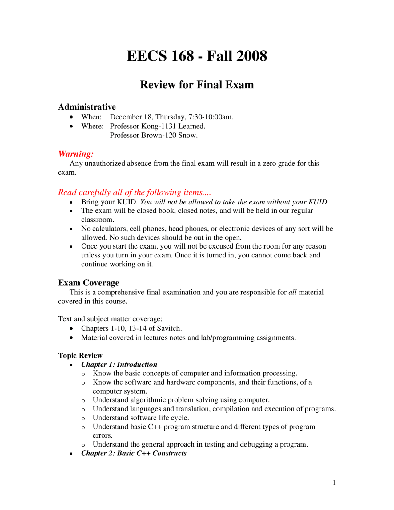 Review For Final Exam Programming I Eecs 168 Docsity