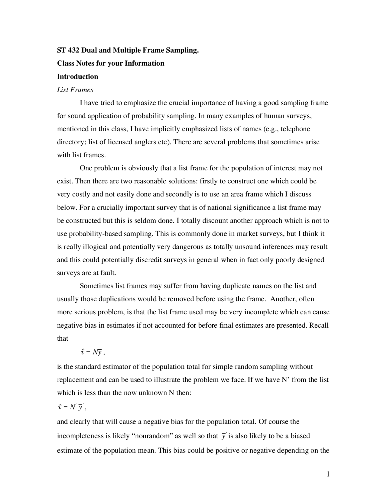 Dual And Multiple Frame Sampling Introduction To Survey Sampling St