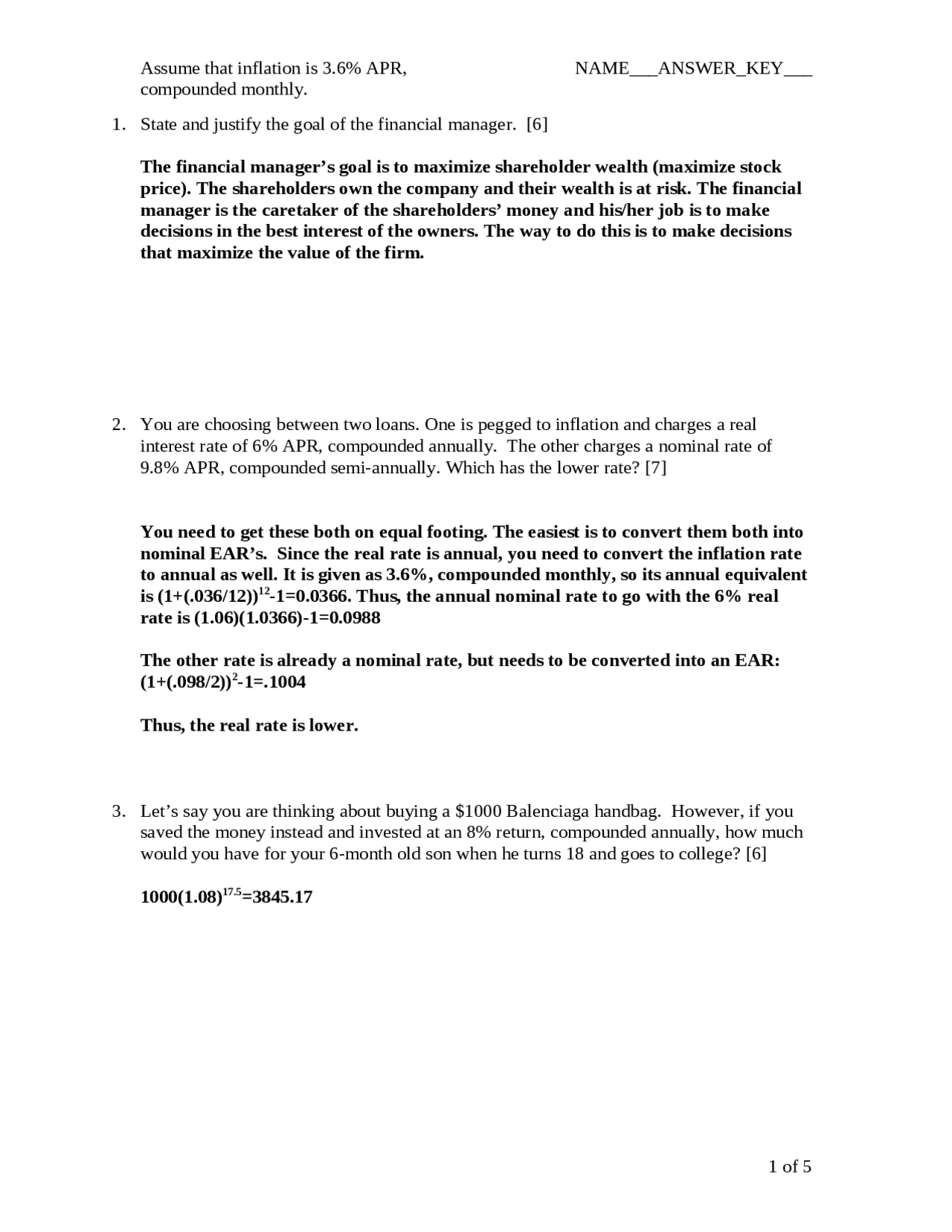 Solved 8 Questions Of Business Finance Midterm Exam Fin 350 Docsity