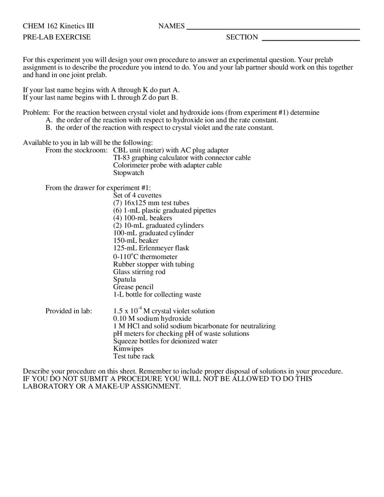 Pre-Lab Exercise - General Chemistry | CHEM 162 - Docsity