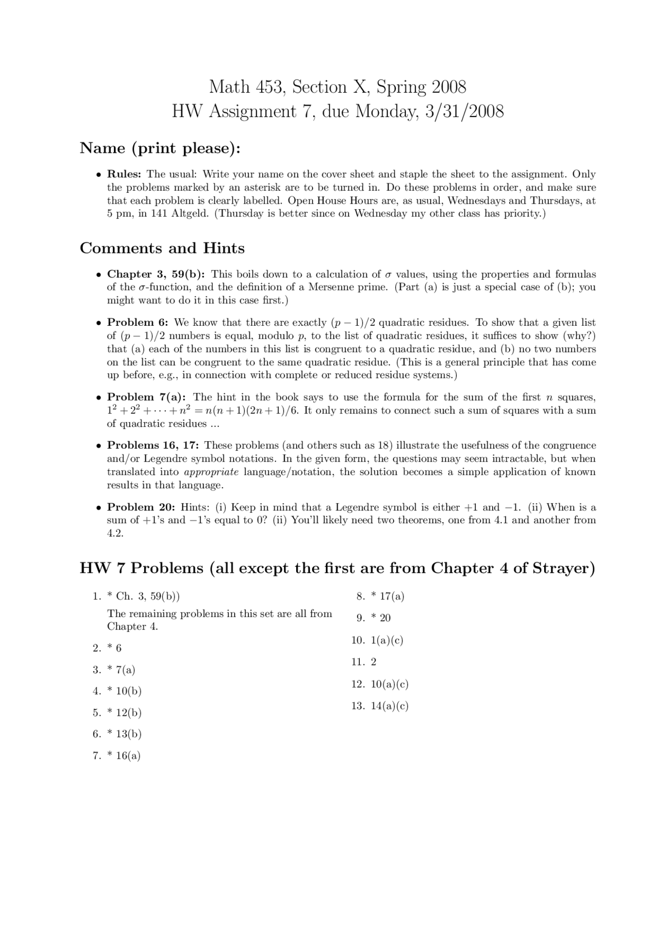 13 Problems On Elementary Theory Of Numbers Assignment 7 Math 453