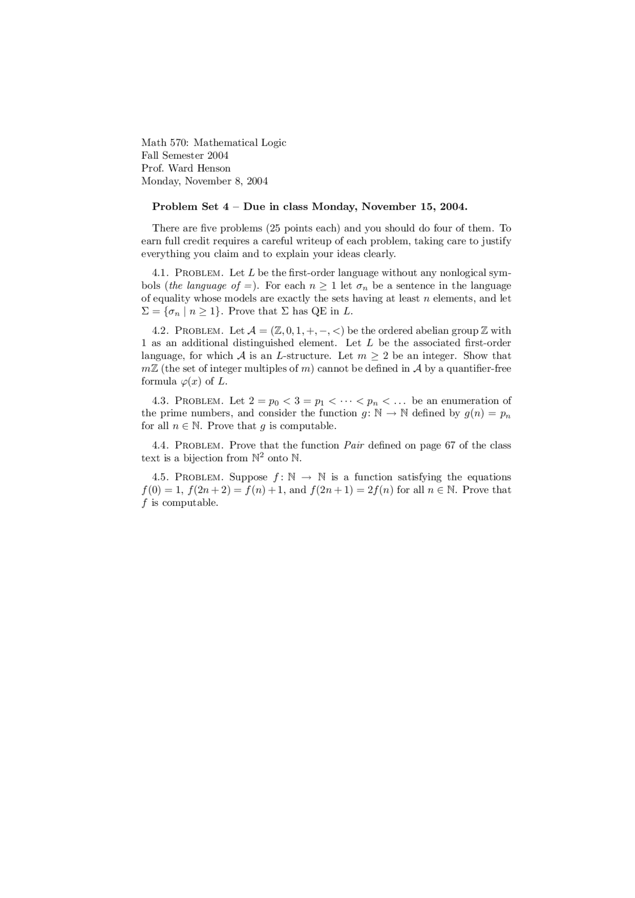 5 Problems On Mathematical Logic Homework Math 570 Docsity