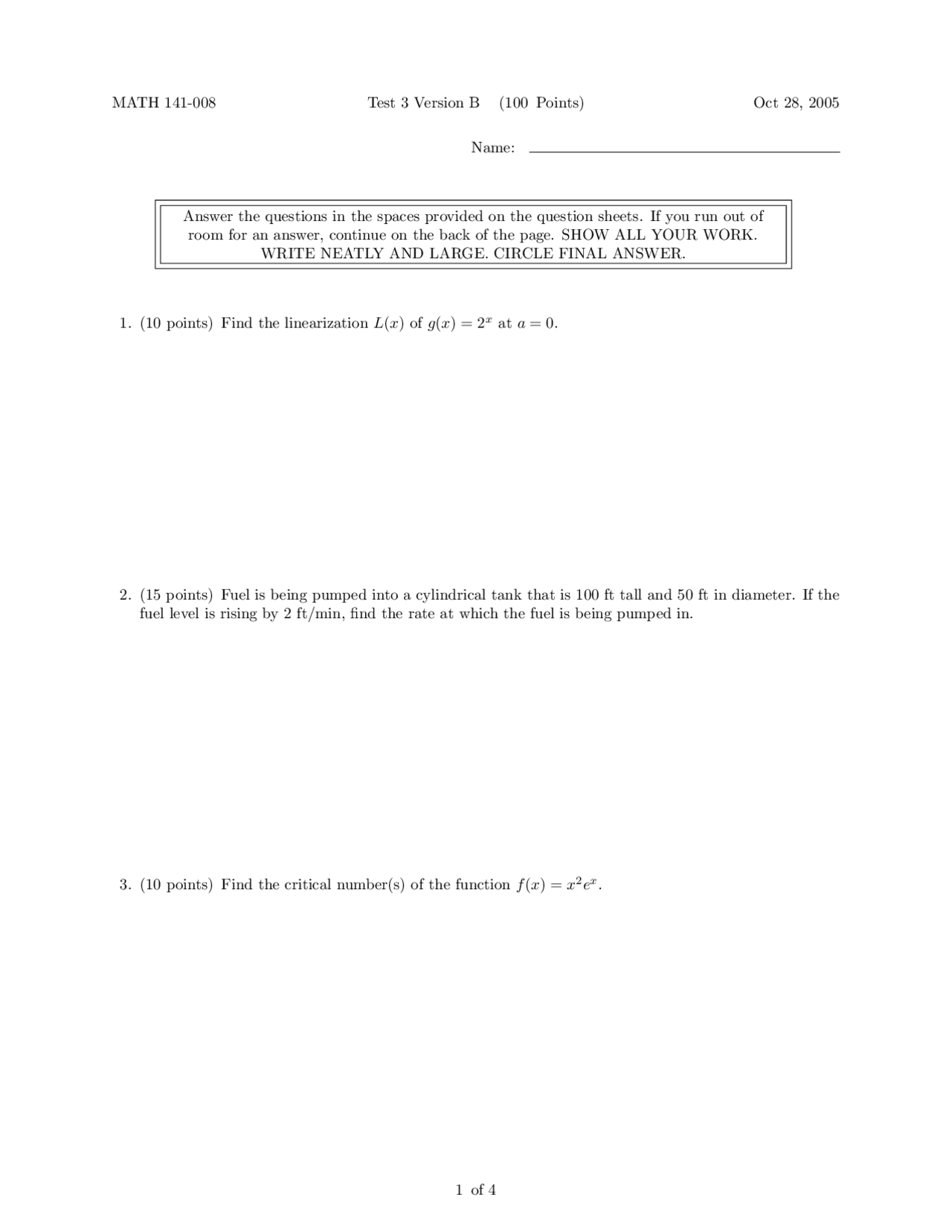 Old Paper Questions 2005 | Calculus I | MA 141 - Docsity