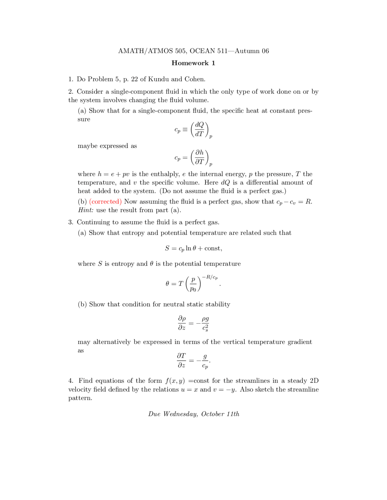 Homework 1 Practice Problems Fluid Dynamics Ocean 511 Docsity