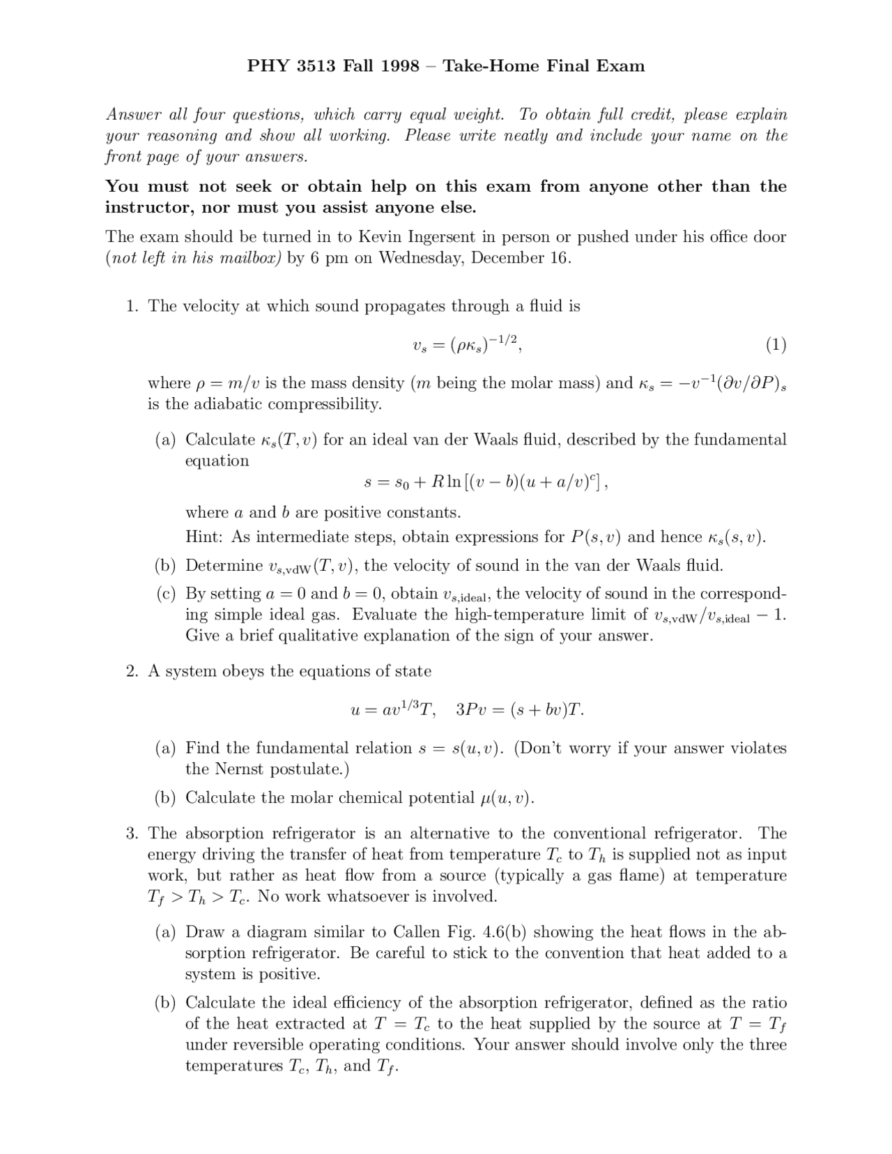 Final Exam With 4 Questions Thermal Physics Phy 3513 Docsity